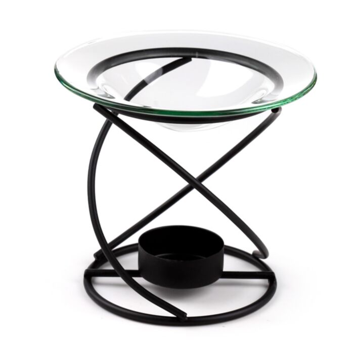 Thin Spiral Black Metal Oil & Wax Burner with Glass Dish