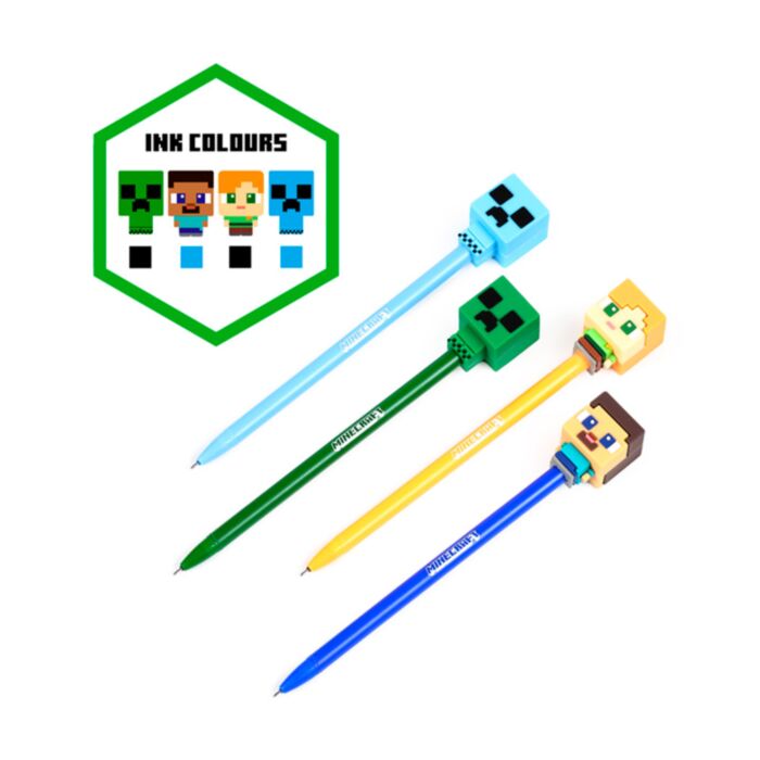 Set of 4 Erasable Pens with Silicone Topper - Minecraft Chibi